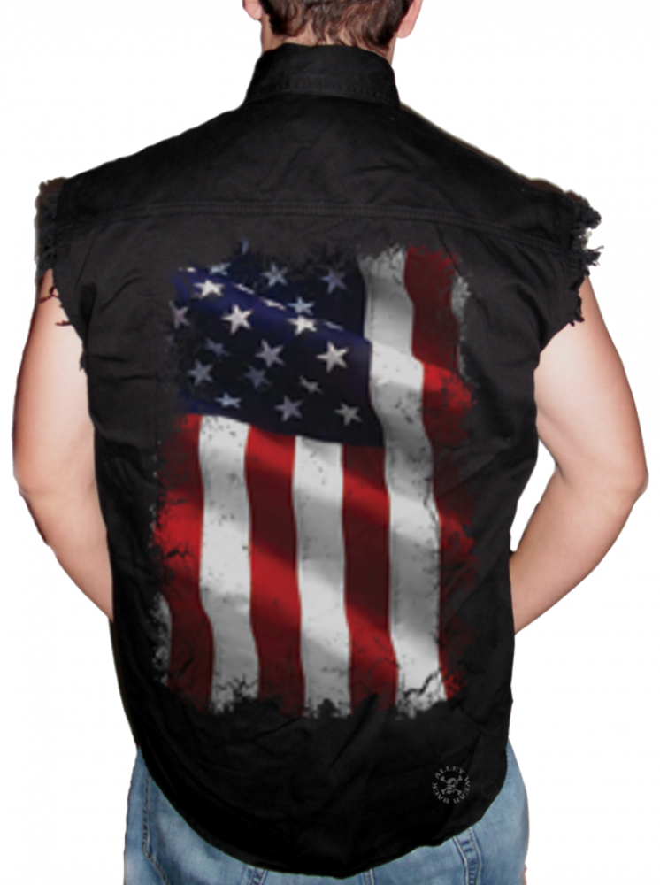 American Flag Waving Sleeveless Denim Shirt | Back Alley Wear